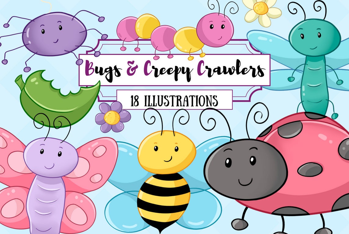 Cute Bugs Clip Art Kawaii Bugs Clipart Bugs and Flowers | Etsy