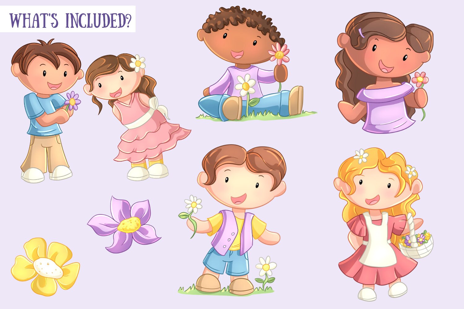 May Flowers Cute Clip Art Collection, Spring Flowers Clipart, Kids With ...