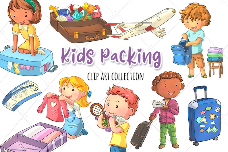 Cute Kids Packing Clip Art, Packing for Vacation, Vacation Clipart ...