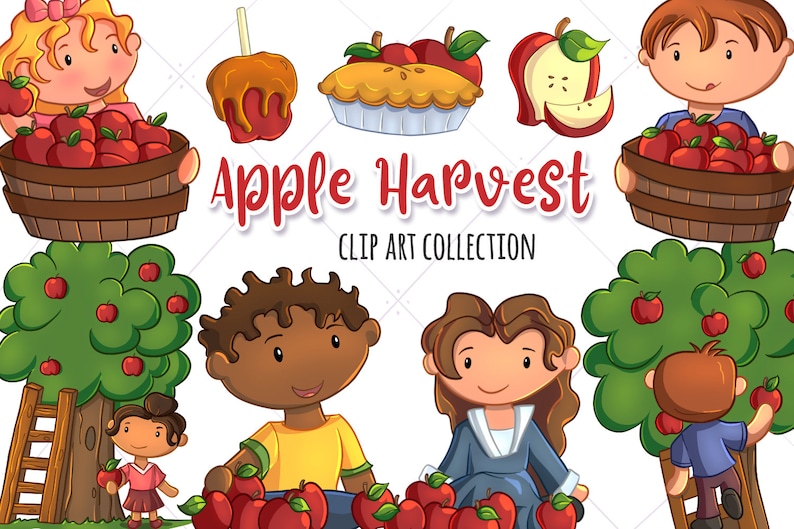 Apple Harvest Clip Art Collection, Fall Apples, Kids Picking Apples ...