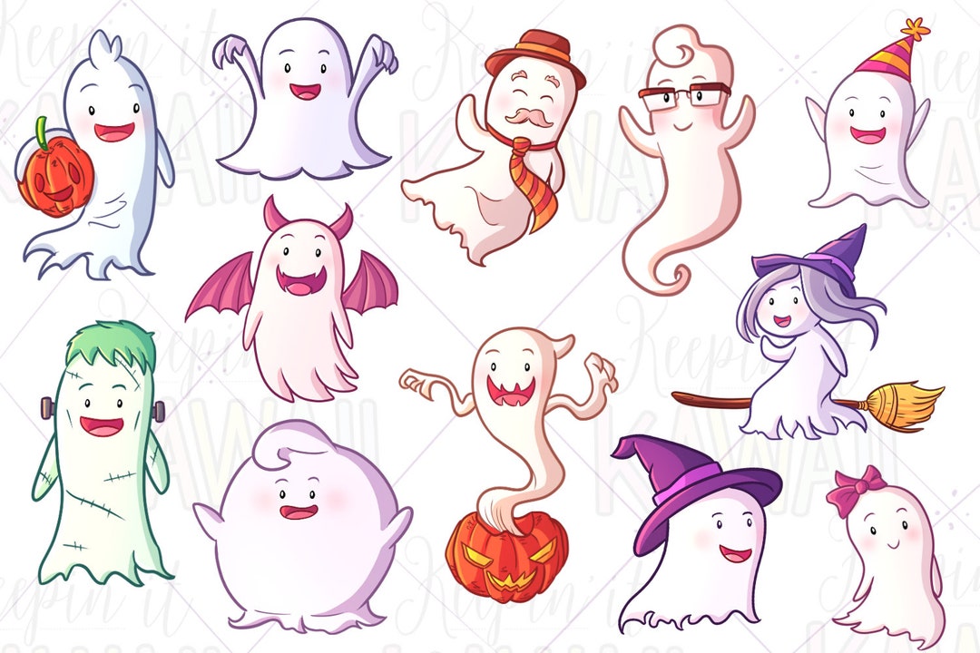 Cute Ghosts Clip Art, Kawaii Halloween Ghosts, Cute Spooky Ghosts, Clip ...