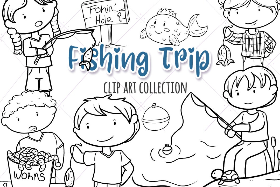 Cute Fishing Digital Stamp Set - Cute Kids Fishing Stamps - Summer Time ...