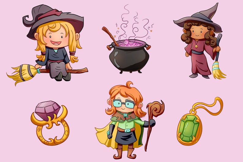 Playful Witches Clipart Collection Cute Fantasy Witches Clip - Etsy