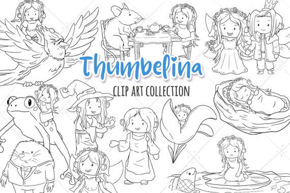 Thumbelina Fairy Tale Black and White Clip Art Graphics Cute | Etsy