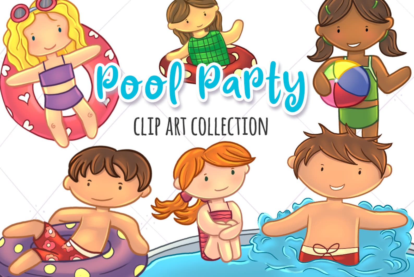 Kids Pool Party Clip Art Set Cute Kids Pool Party Clipart Summer Time ...