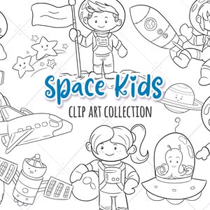 Cute Space Kids Clip Art Collection, Black and White, Kids in Space ...