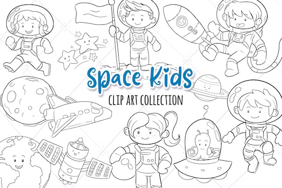 Cute Space Kids Clip Art Collection Black and White Kids in | Etsy