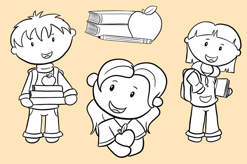 Back to School Kids Black and White Clip Art Collection Cute - Etsy