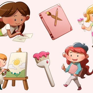 Artist Girls Clip Art Cute Artist Graphics Cute Kids Art | Etsy
