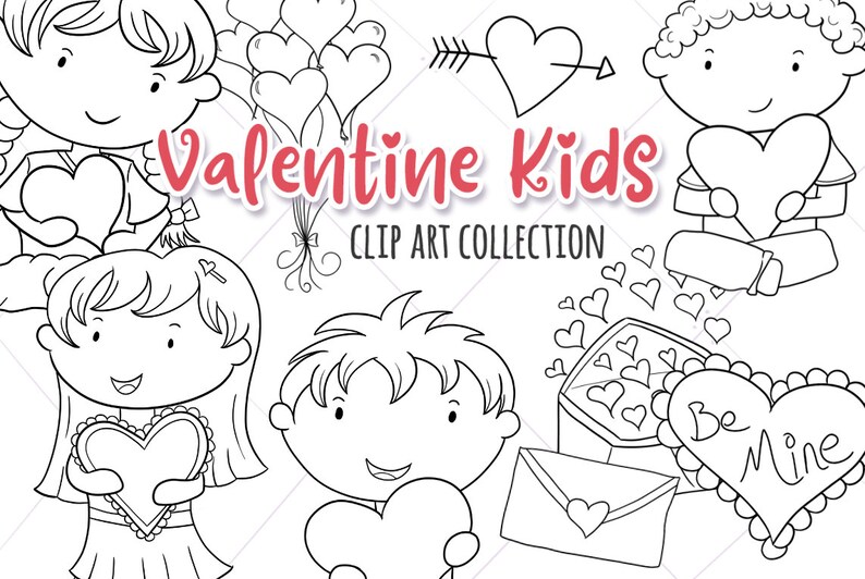 Valentine's Day Kids Digital Stamps Valentine Illustrations Hearts and ...