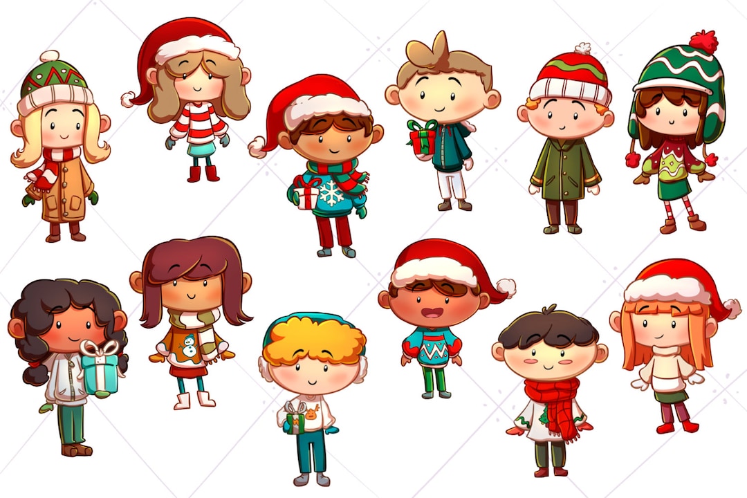 Dressed for Christmas Clip Art Collection, Kawaii Kids Christmas ...
