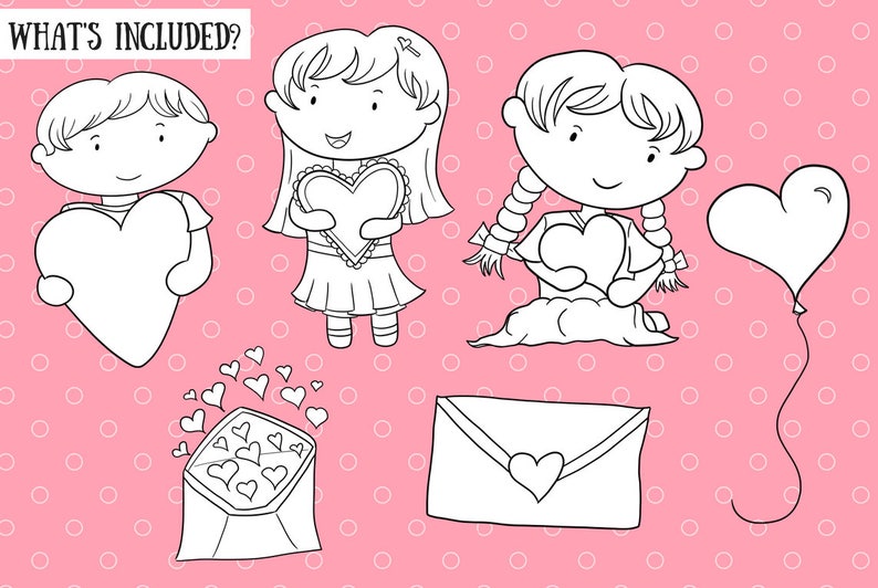 Valentine's Day Kids Digital Stamps - Valentine Illustrations - Hearts ...