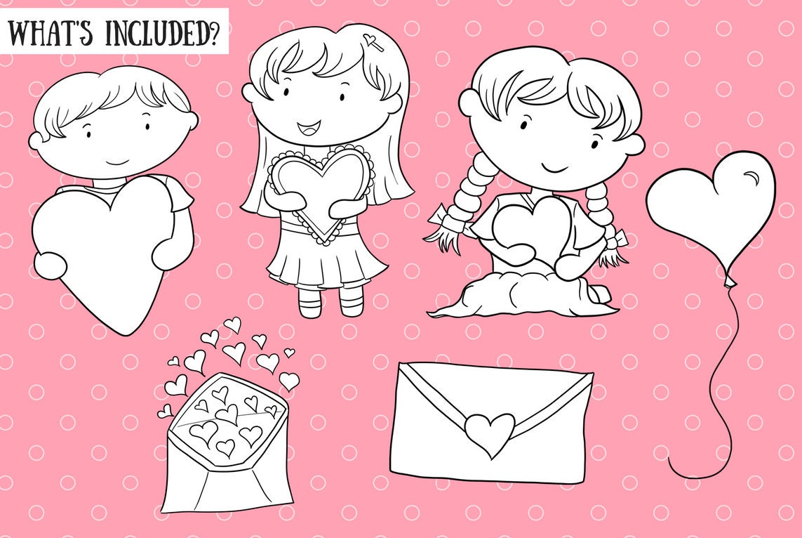 Valentine's Day Kids Digital Stamps - Valentine Illustrations - Hearts ...
