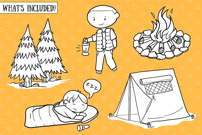 Cute Camping Digital Stamps Set - Outdoors Black and White Clip Art ...