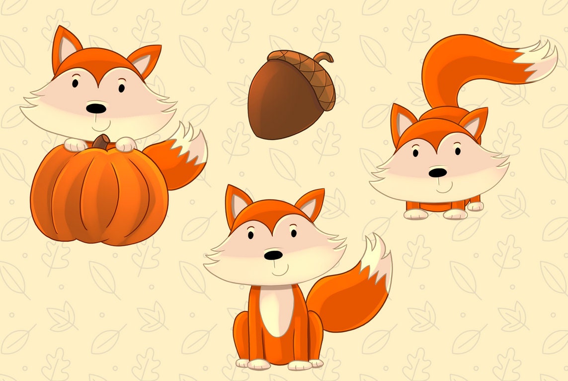 Cute Fall Foxes Clip Art Collection, Kawaii Foxes Clipart, Cute ...