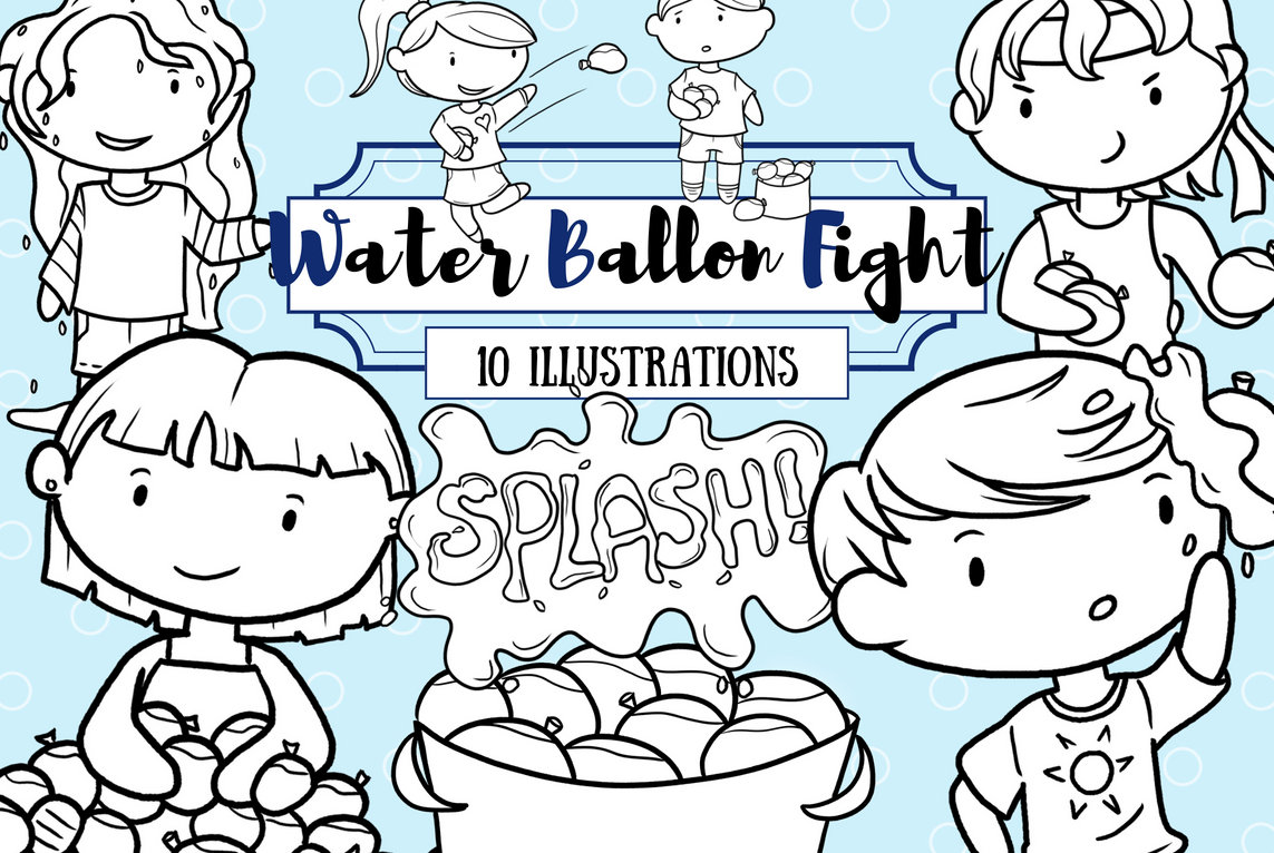 Water Balloon Fight Digital Stamps Set Cute Kids | Etsy