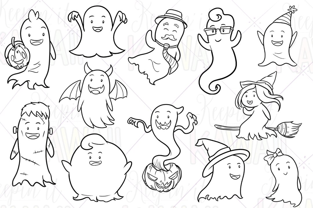 Cute Ghosts Digital Stamps, Kawaii Halloween Ghosts, Cute Spooky Ghosts ...