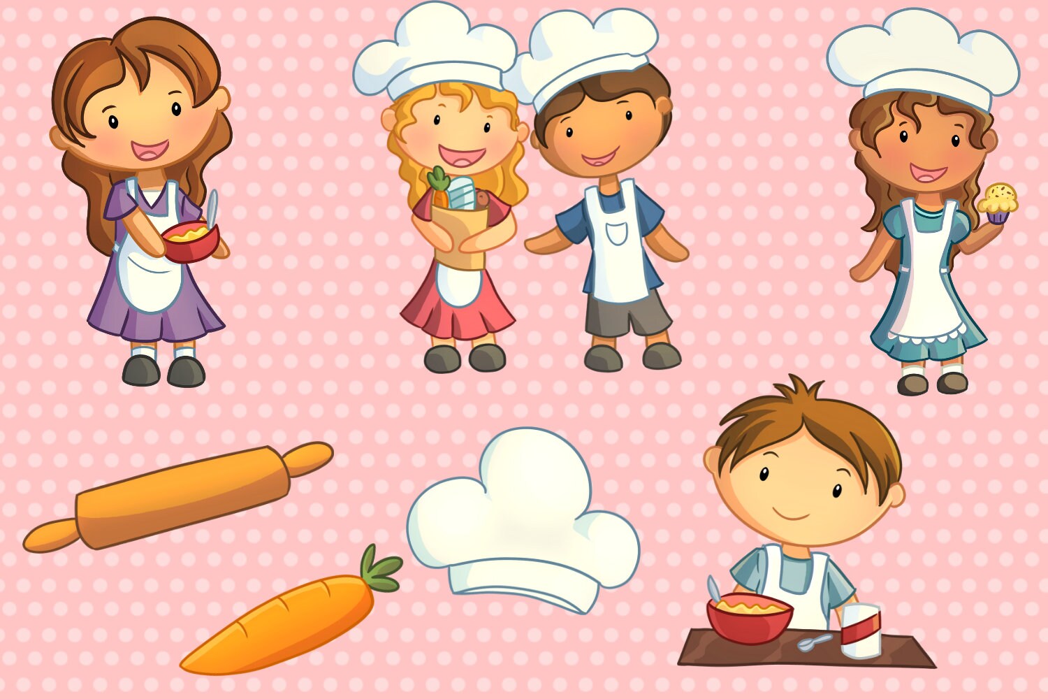 Cute Kids Cooking Clipart Set, Kawaii Kids Baking Clip Art, Kids Making ...