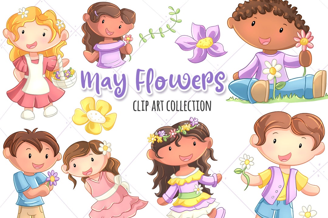 May Flowers Cute Clip Art Collection, Spring Flowers Clipart, Kids With ...
