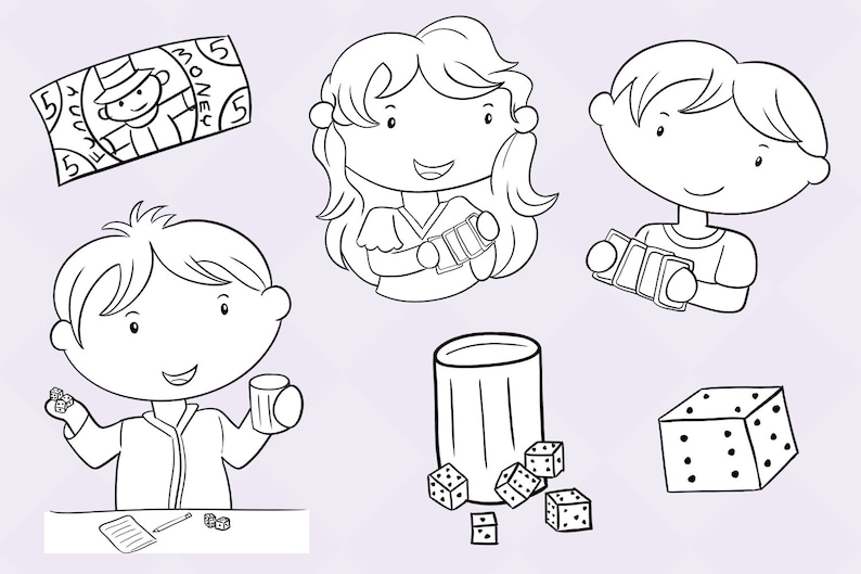 Cute Kids Playing Board Games Black and White Clip Art, Board Game ...