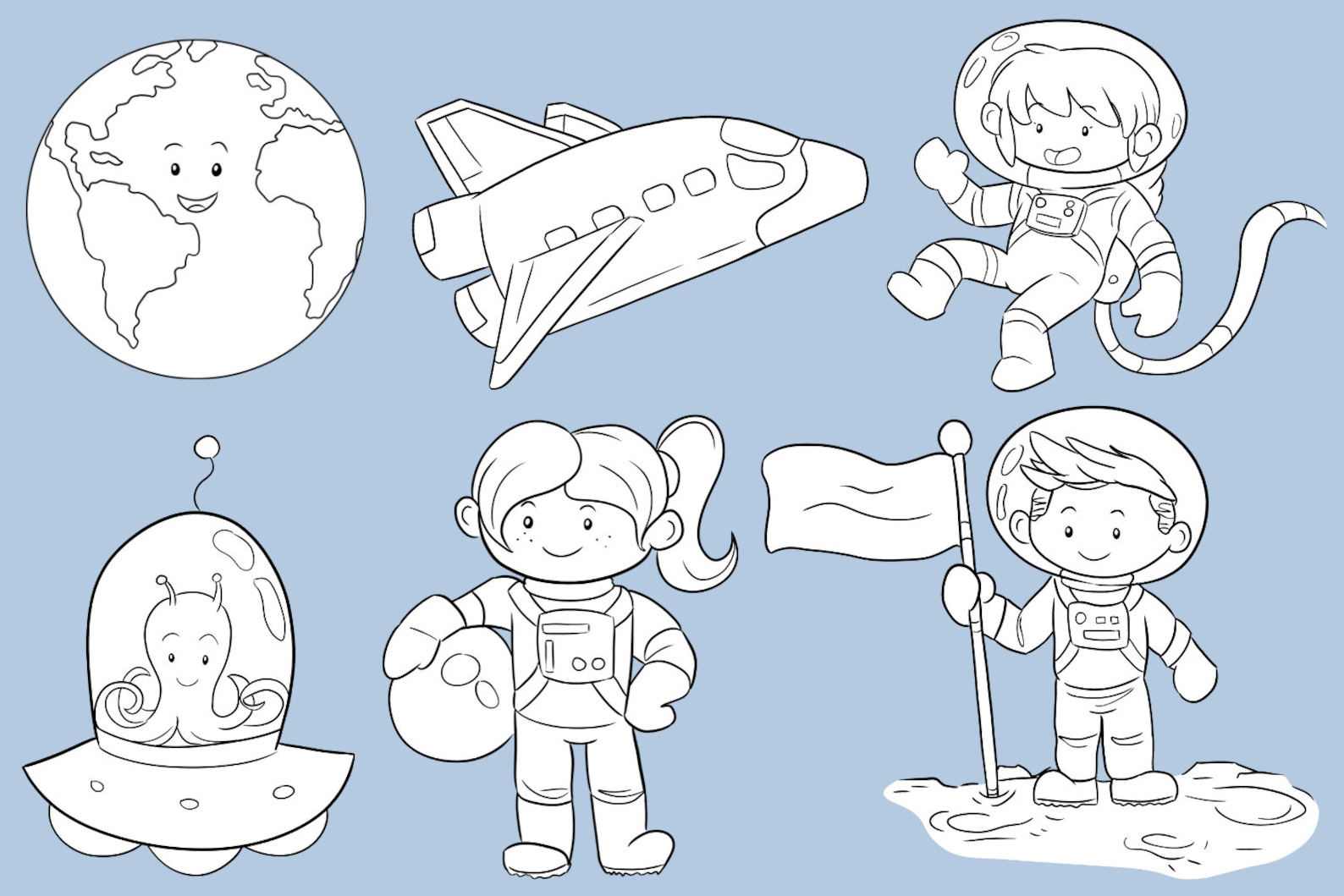 Cute Space Kids Clip Art Collection, Black and White, Kids in Space ...