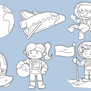 Cute Space Kids Clip Art Collection, Black and White, Kids in Space ...