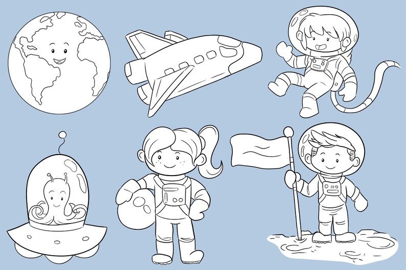 Cute Space Kids Clip Art Collection, Black and White, Kids in Space ...