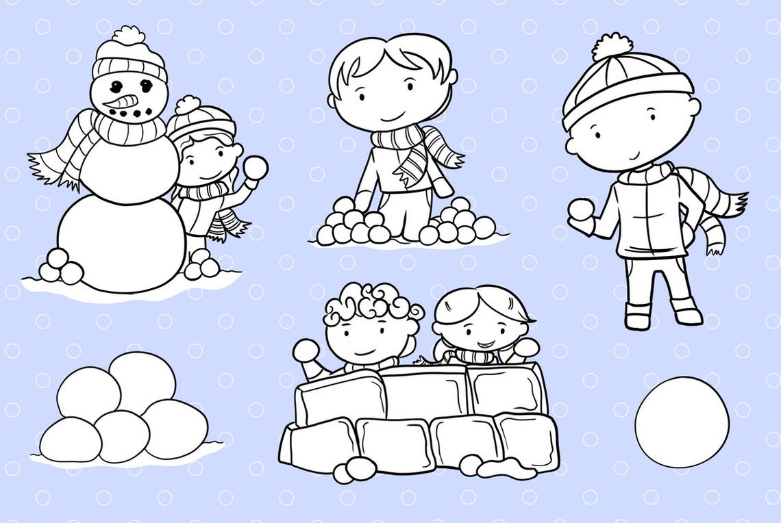 Snow Ball Fight Winter Wonderland Digital Stamp Set, Cute Kids Snowball ...