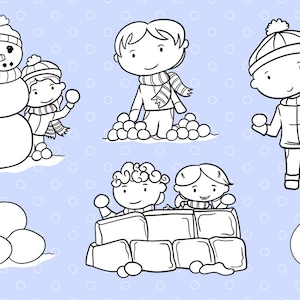 Snow Ball Fight Winter Wonderland Digital Stamp Set, Cute Kids Snowball ...