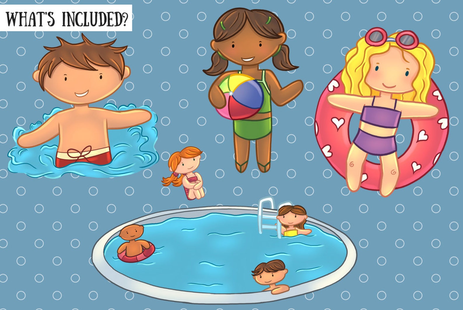 Kids Pool Party Clip Art Set Cute Kids Pool Party Clipart Summer Time ...
