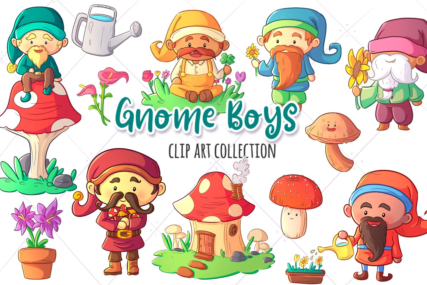 Spring Gnome Boys Clipart, Cute Garden Gnome Clip Art, Kawaii Gnomes ...