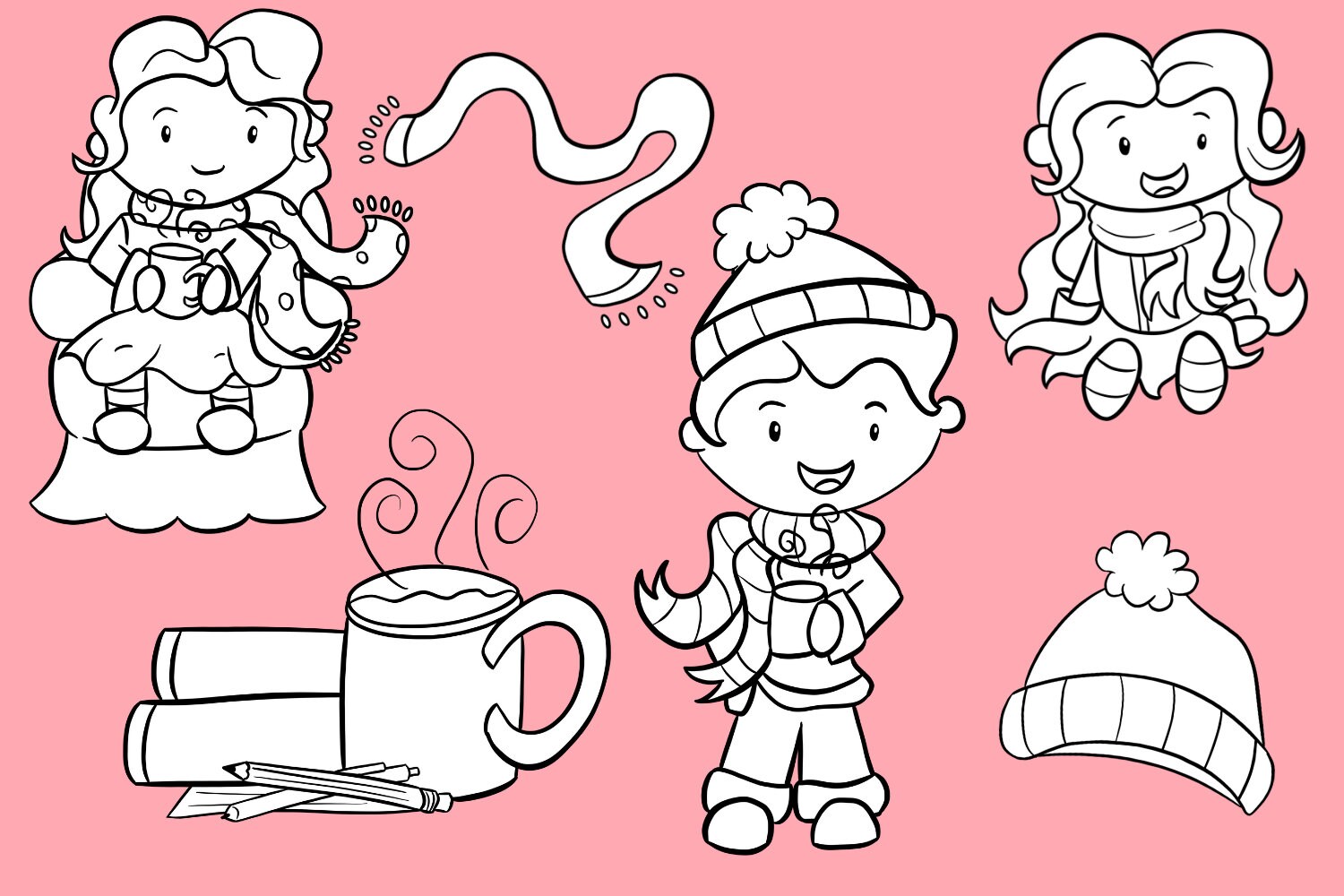 Cute Winter Hot Chocolate Kids Black and White Clip Art, Hot Cocoa ...