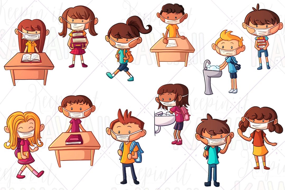 Wearing Masks at School Clip Art, Kawaii School Kids, Social Distancing ...