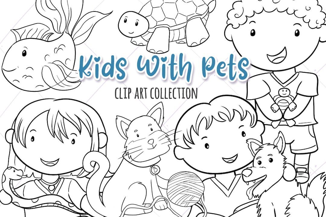 Kids With Pets Digital Stamps, Kids and Pets Graphics, Kawaii Animals ...