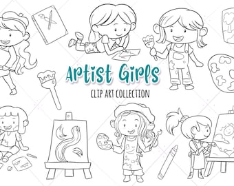 Artist Girls Clip Art Cute Artist Graphics Cute Kids Art | Etsy