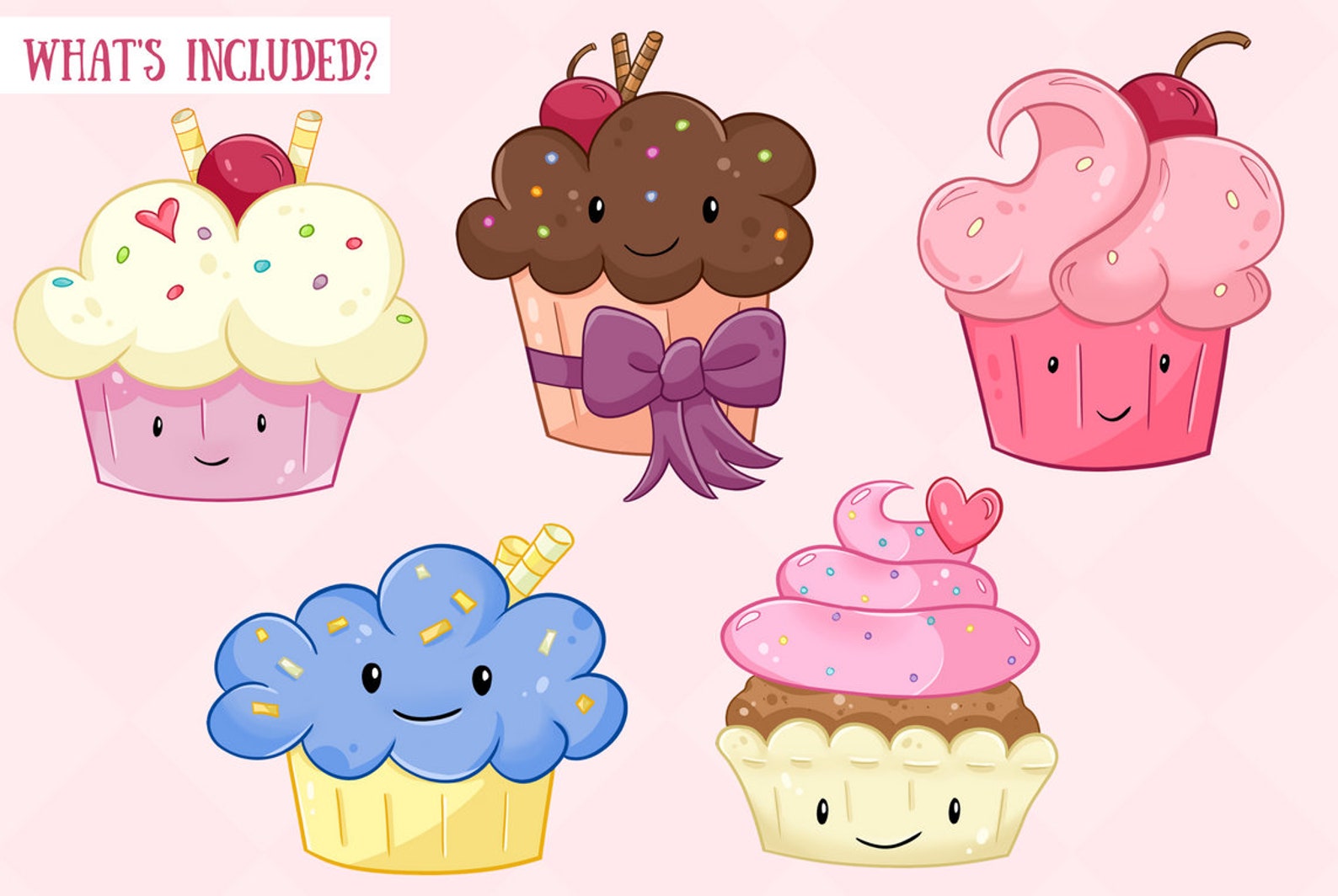 Kawaii Cupcake Clip Art Collection, Kawaii Cupcakes, Cute Party ...