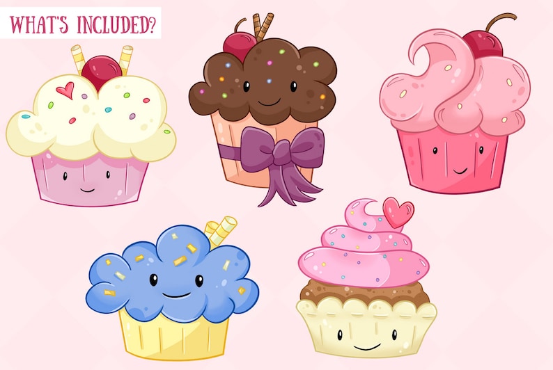 Kawaii Cupcake Clip Art Collection, Kawaii Cupcakes, Cute Party ...