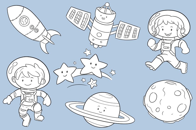 Cute Space Kids Clip Art Collection, Black and White, Kids in Space ...