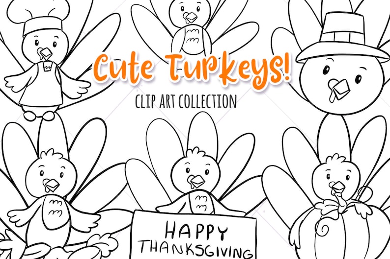 Cute Turkeys Thanksgiving Coloring, Fall Turkeys Kawaii Clip Art ...