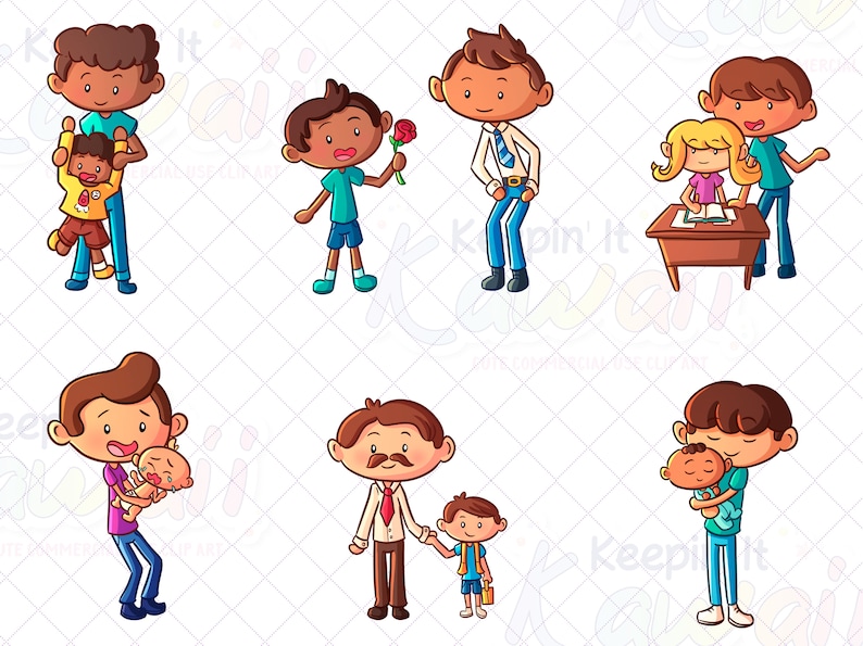 A Day With Daddy Clipart, Cute Family Clipart, Kawaii Family, Taking ...