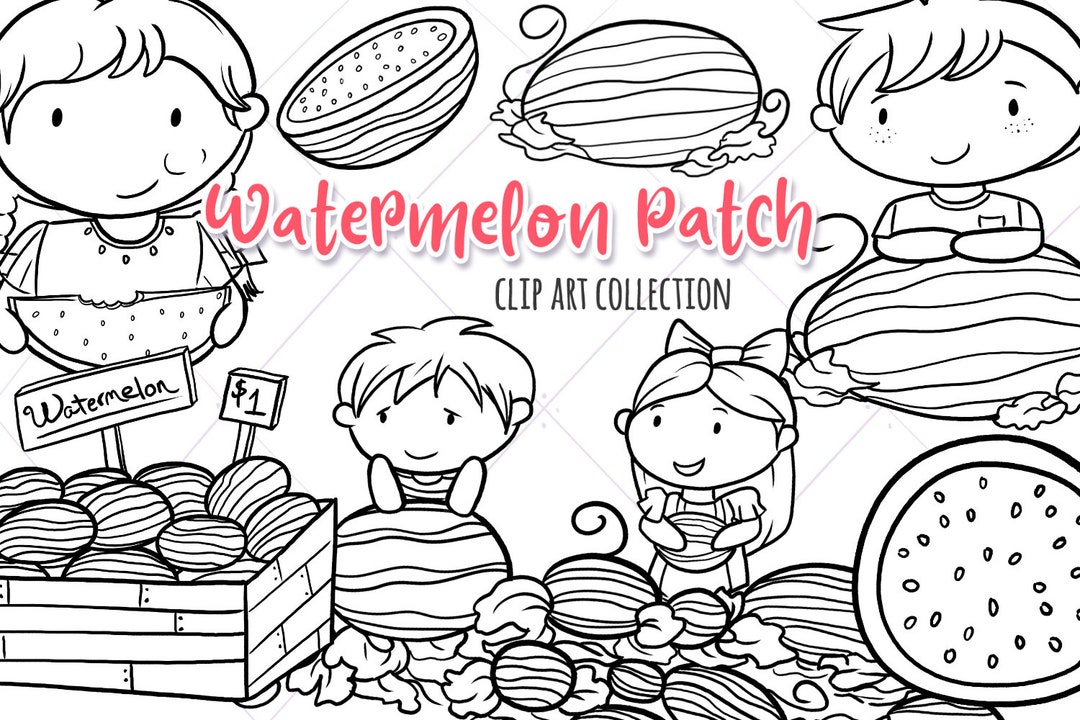 Watermelon Patch Kids Digital Stamps Set - Cute Kids Watermelon Black ...
