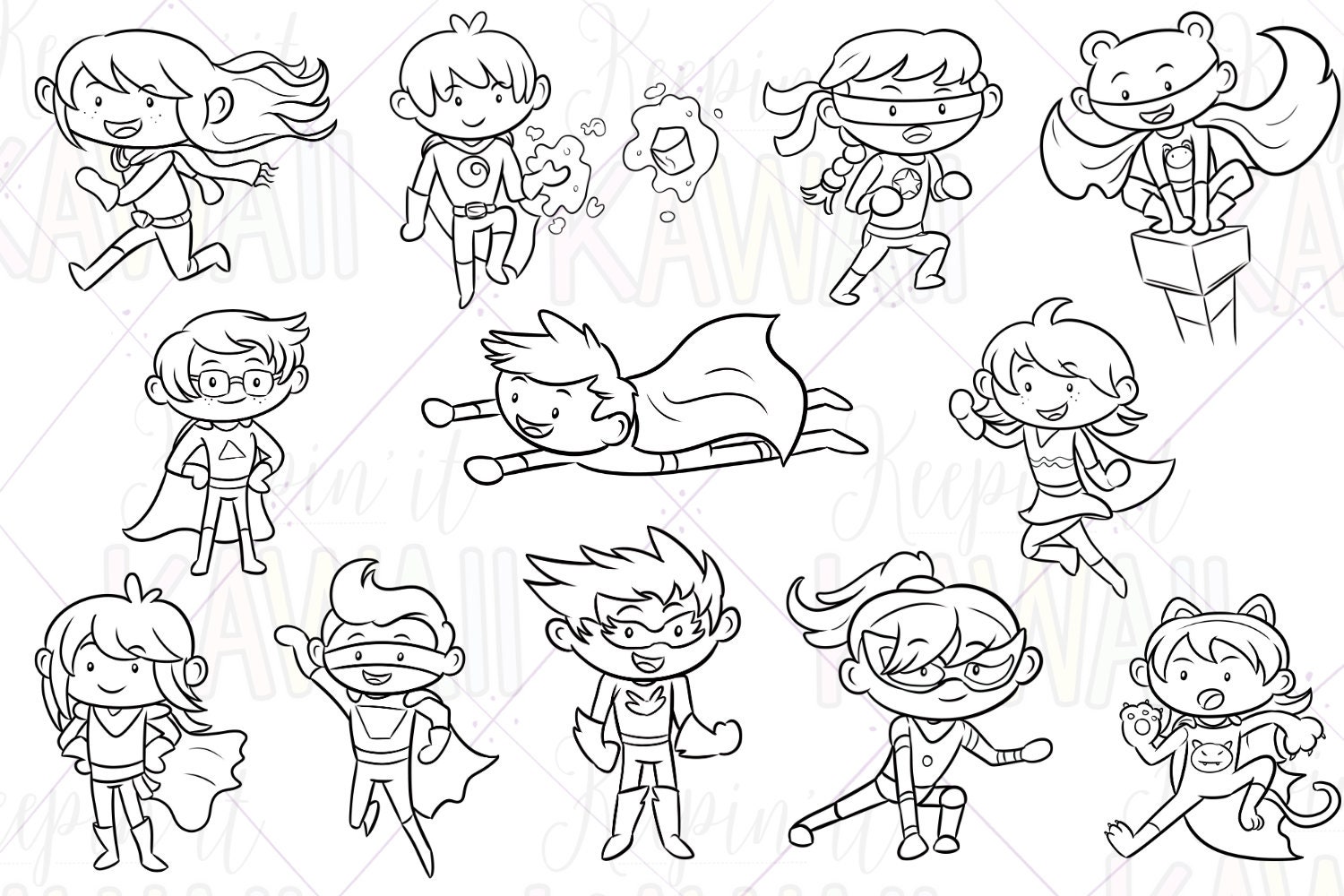 Superhero Kids Black And White Clip Art