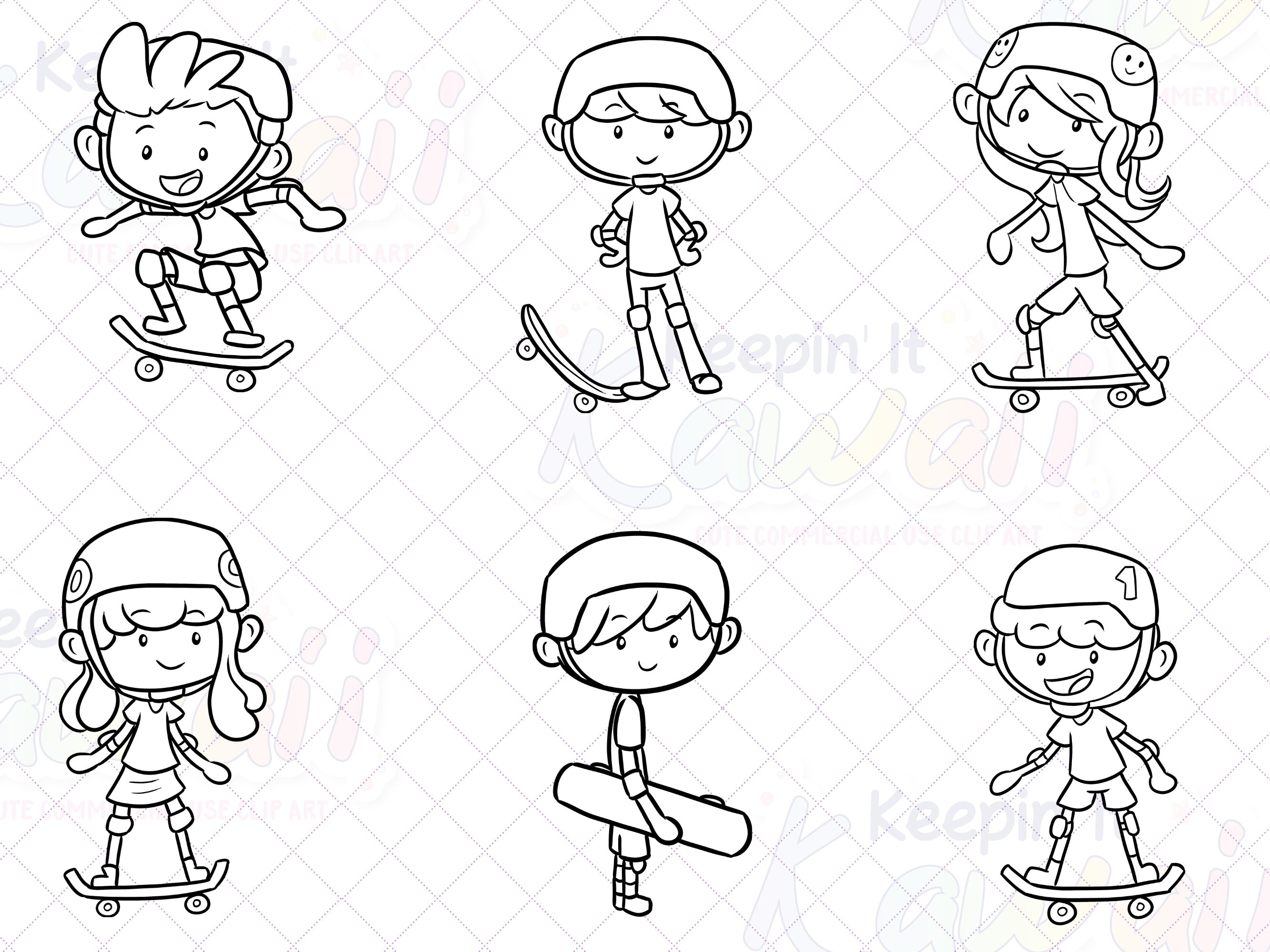 Cute Skateboarding Kids Clipart, Skating Kids Clip Art, Kawaii Skate ...