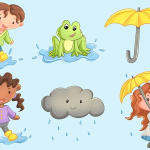 April Showers Cute Clip Art Collection, Rain Showers, Kids Playing in ...