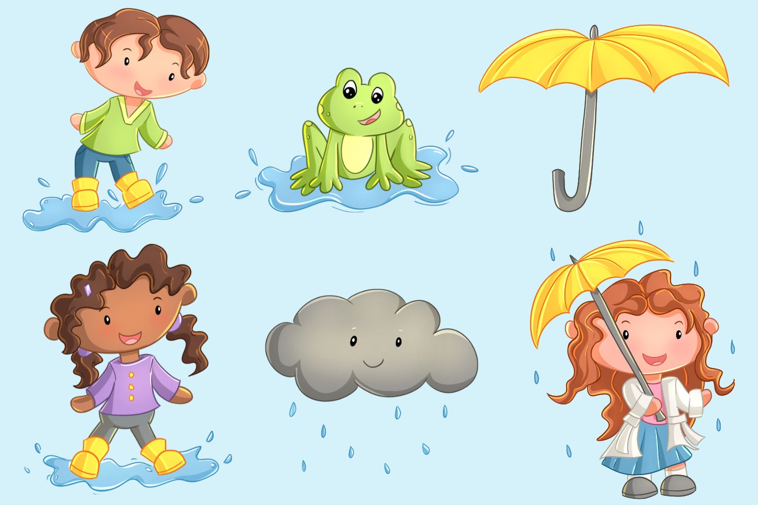 April Showers Cute Clip Art Collection, Rain Showers, Kids Playing in ...