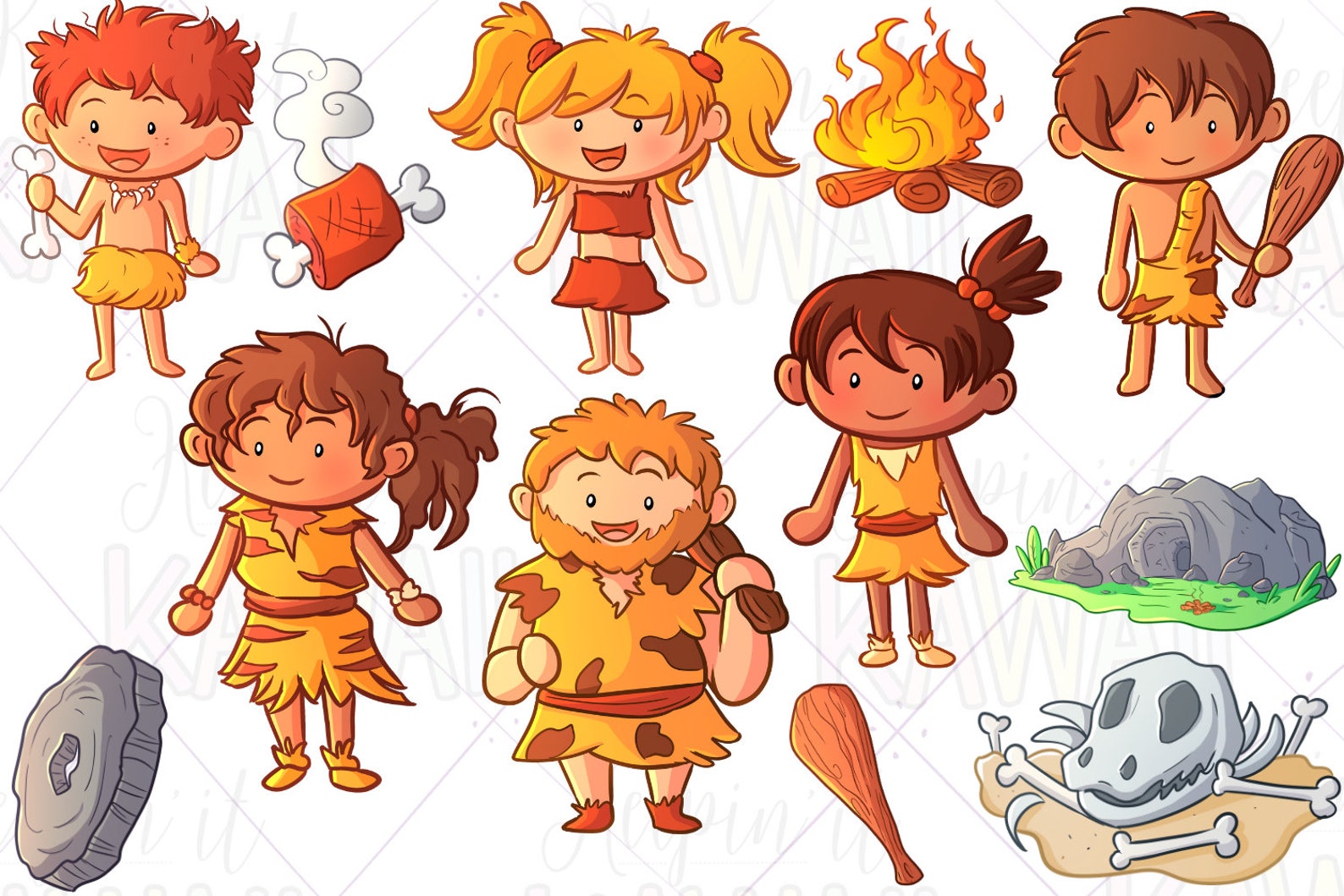 Kids Cave Man Clip Art, Kawaii Cave Men, Cave Man Family, Clip Art for ...