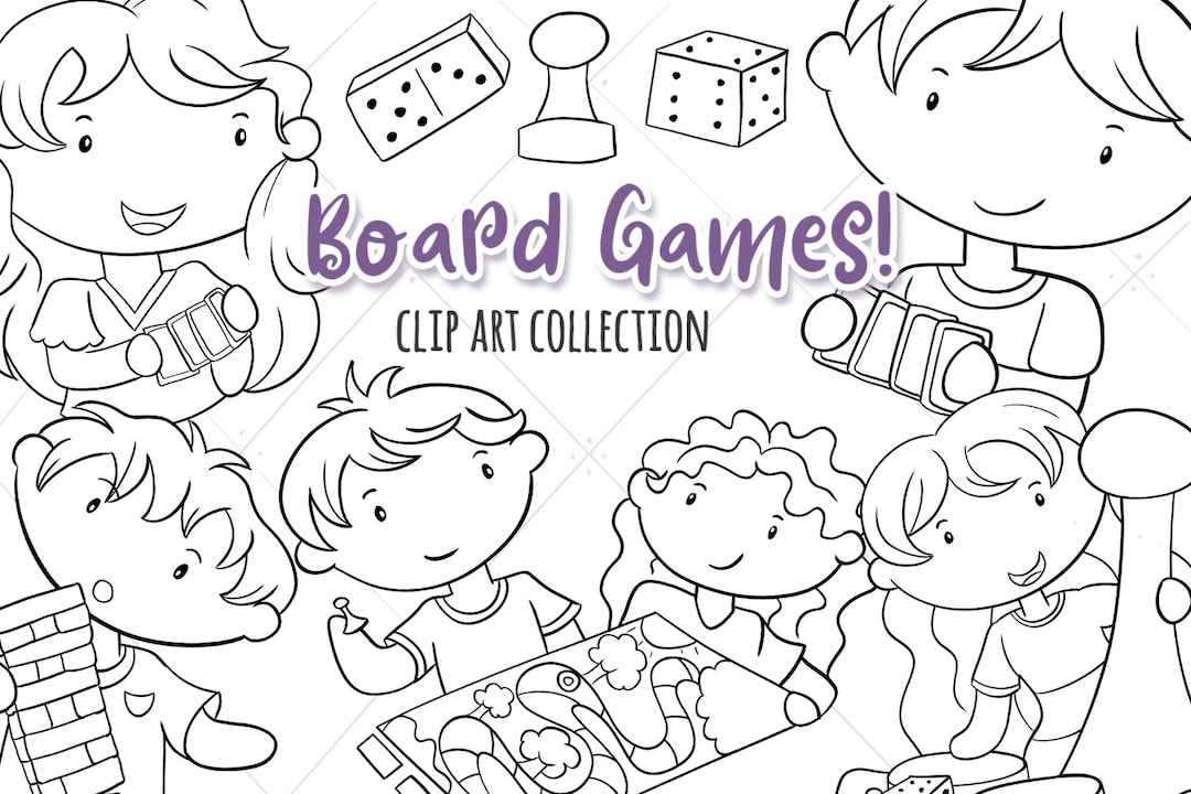 Cute Kids Playing Board Games Black and White Clip Art, Board Game ...