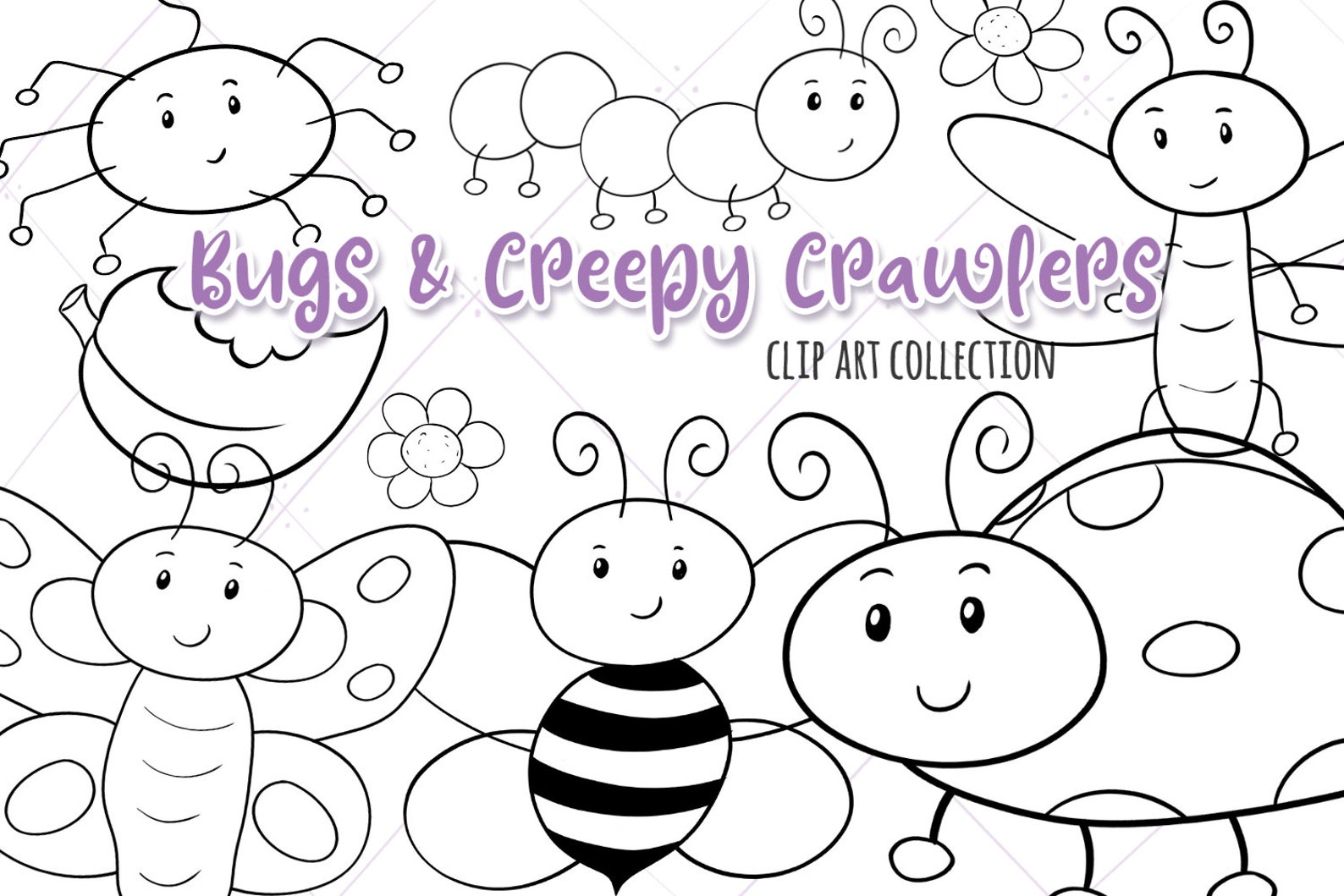 Cute Bugs Clip Art, Kawaii Bugs Clipart, Bugs and Flowers Clipart ...