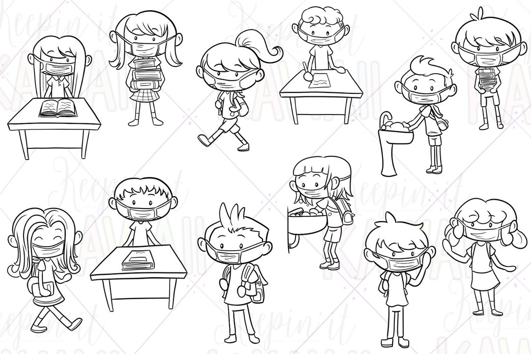 Wearing Masks at School Clip Art, Kawaii School Kids, Social Distancing ...