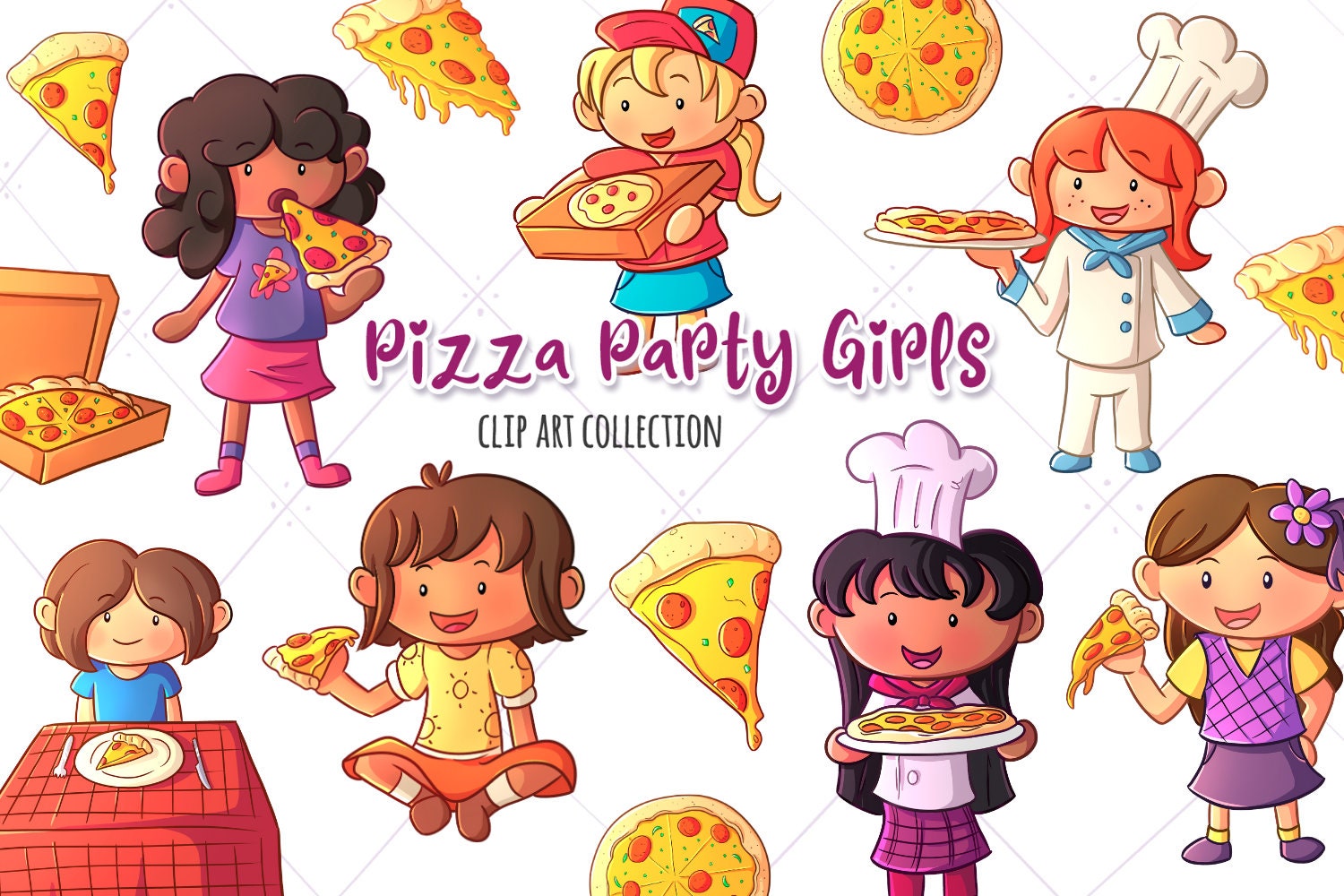 Pizza Party Clipart Cute Pizza Party Girls Clip Art Pizza - Etsy